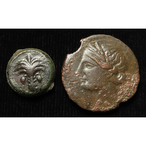 Ancient Greek (2) bronze coins of Carthage: Tri-Shekel, hd. of Tanit l ...
