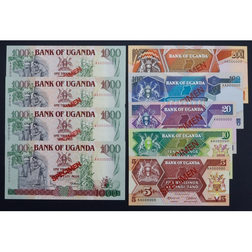 Uganda (9), a group of SPECIMEN notes, 200 Shillings, 100 Shillings, 20 ...