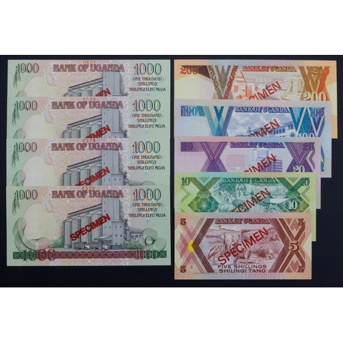 Uganda (9), a group of SPECIMEN notes, 200 Shillings, 100 Shillings, 20 ...