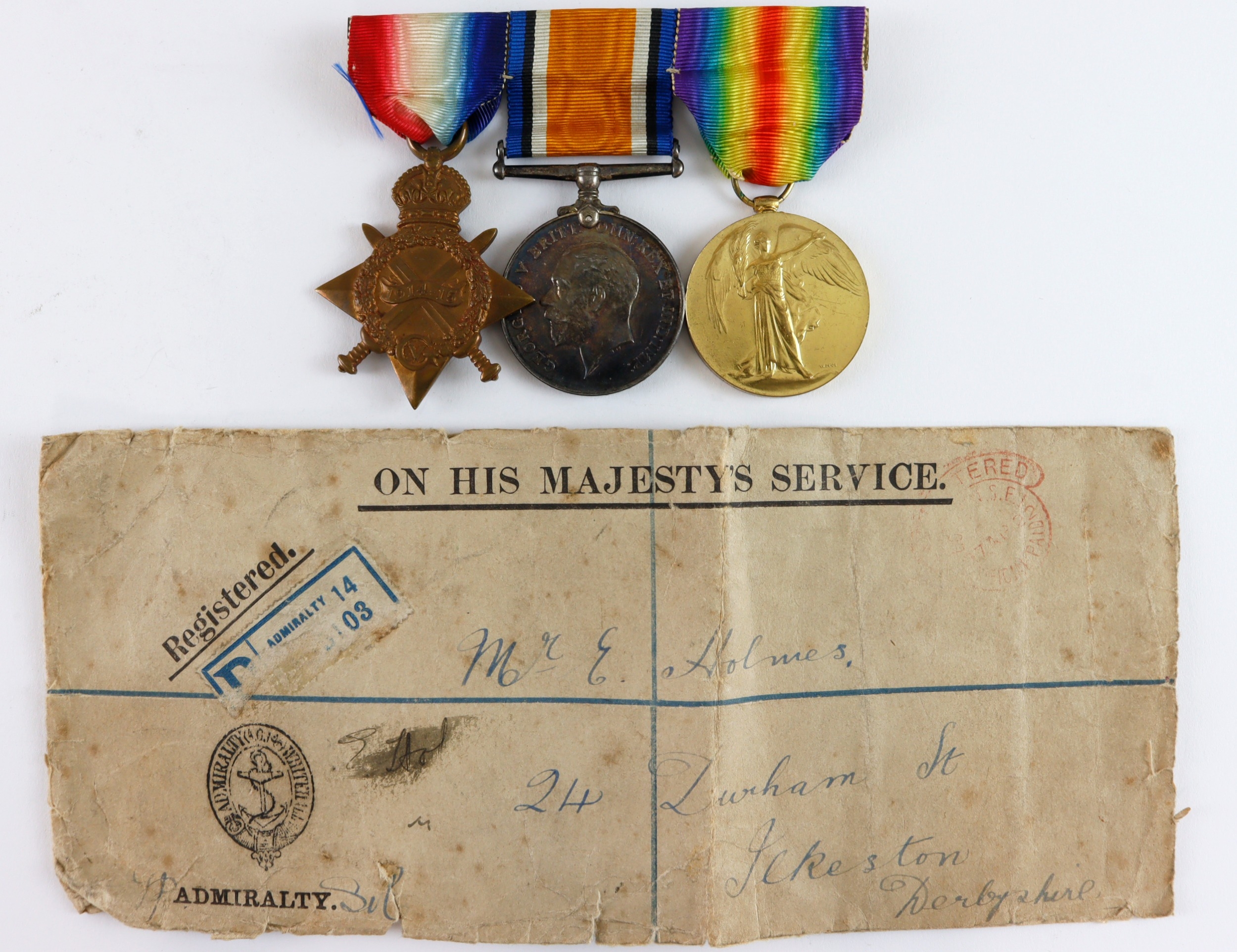 1915 Star Trio (M.13063 E Holmes ACT.E.R.A.4. RN). Lived Ilkeston ...