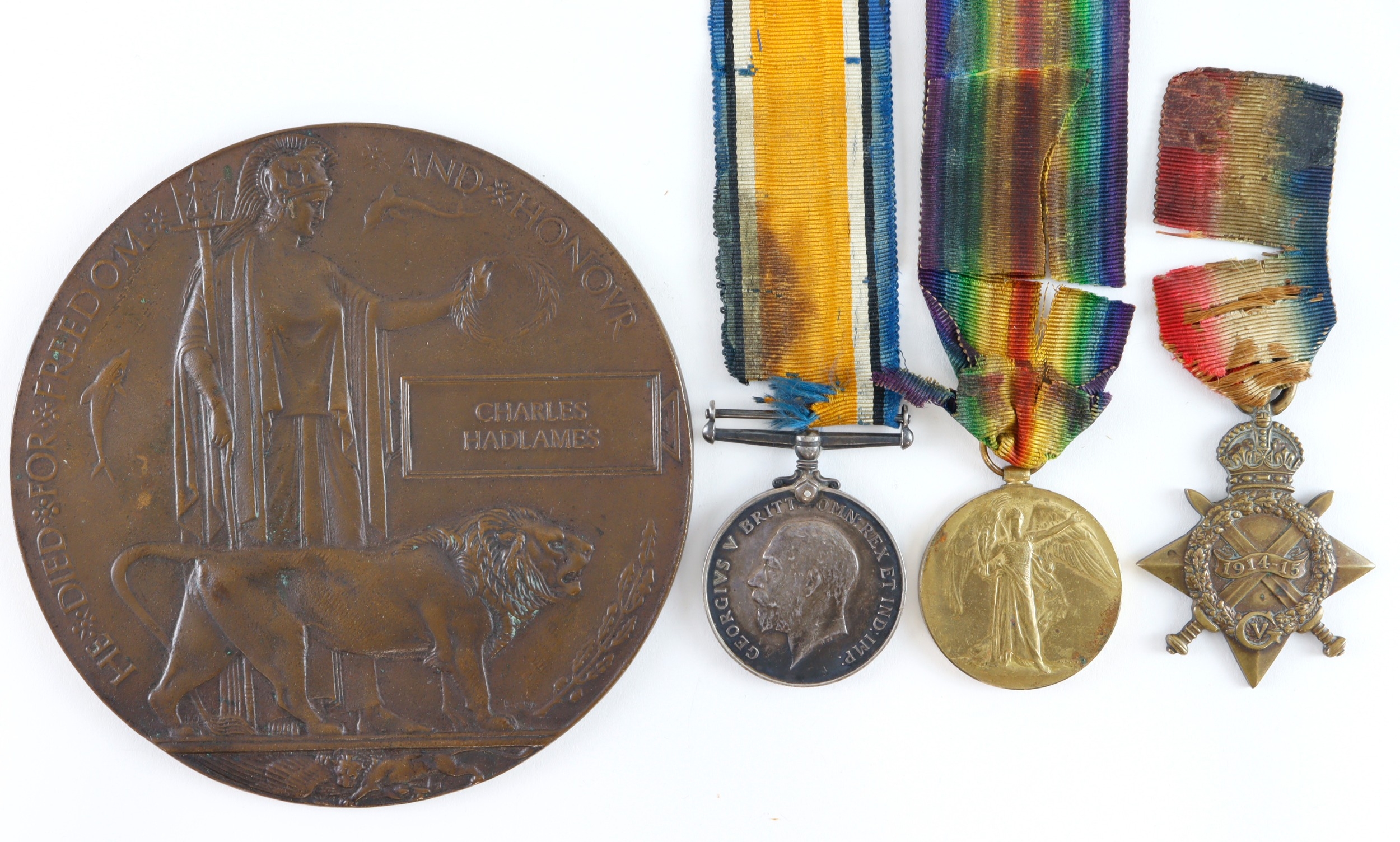 1915 Star Trio + Death Plaque for (L-16547 Pte Charles Hadlames R.Fus ...