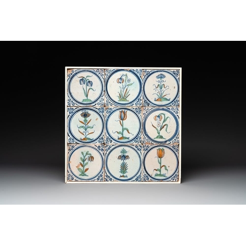 A field of nine polychrome Dutch Delft 'flower' tiles, 17th C.Dim.: 40 ...
