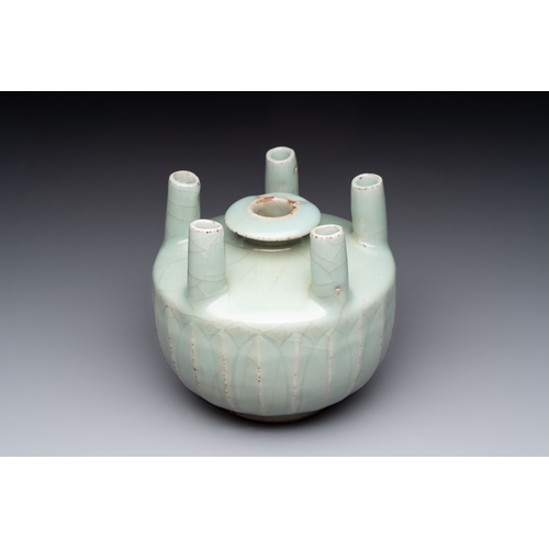 A Chinese Longquan celadon quintuple-neck vase, YuanH.: 13 cm