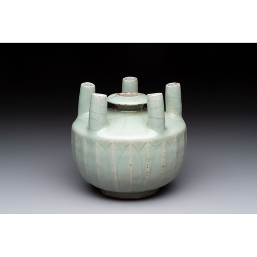 A Chinese Longquan celadon quintuple-neck vase, YuanH.: 13 cm