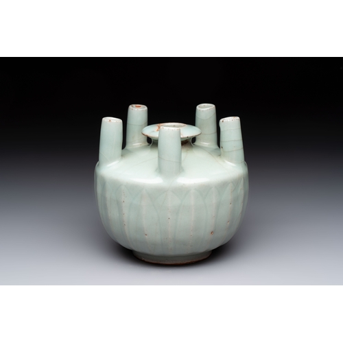 A Chinese Longquan celadon quintuple-neck vase, YuanH.: 13 cm