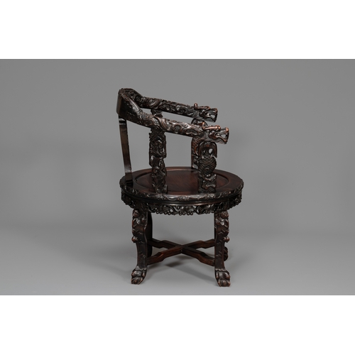 A pair of Chinese finely carved hongmu swivel chairs, Canton, 19th C ...