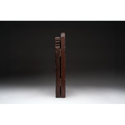 A Chinese carved wooden triptych panel with figural design, Wong Chan ...