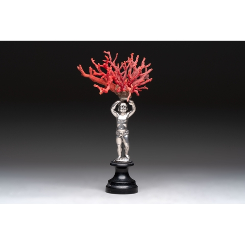 A red coral mounted silver figure, possibly Germany, 19th C.H.: 23,5 cm ...