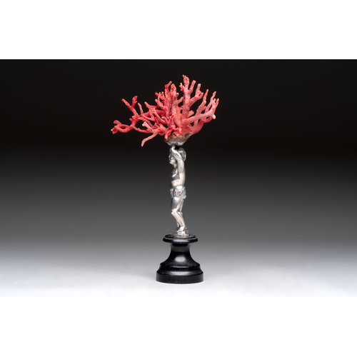 A red coral mounted silver figure, possibly Germany, 19th C.H.: 23,5 cm ...