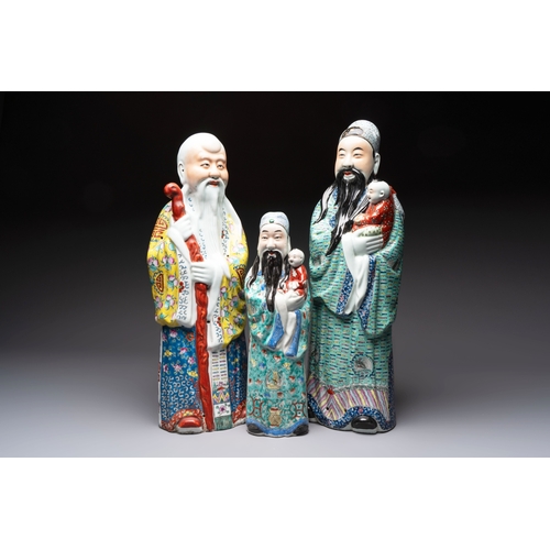 Three Chinese famille rose figures of the star gods, Mao Ji Sheng and ...