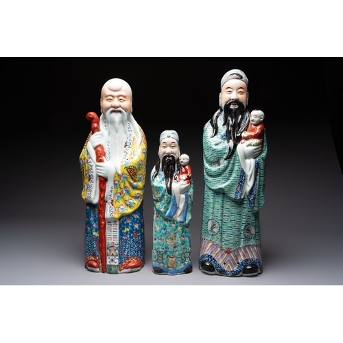 Three Chinese famille rose figures of the star gods, Mao Ji Sheng and ...