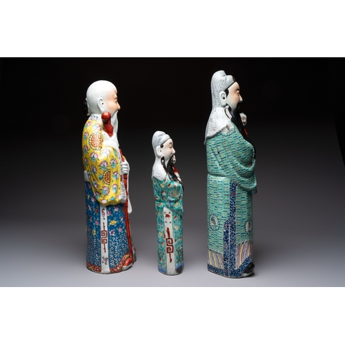 Three Chinese famille rose figures of the star gods, Mao Ji Sheng and ...
