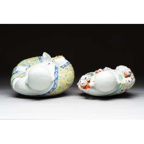 Three Chinese famille rose Milefo Buddhas, Zhu Mao Ji marks, 20th C.H ...