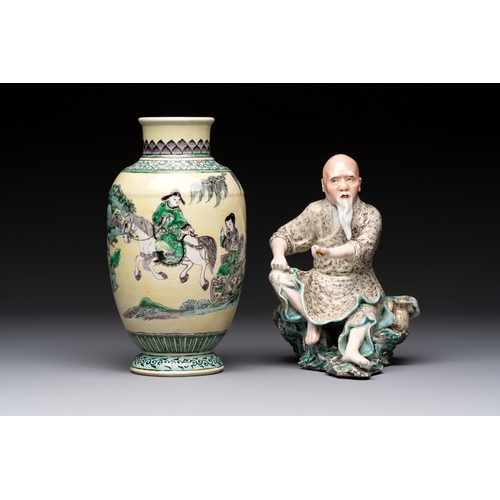 A Chinese verte biscuit vase, a sculpture of a fisherman and a Milefo ...