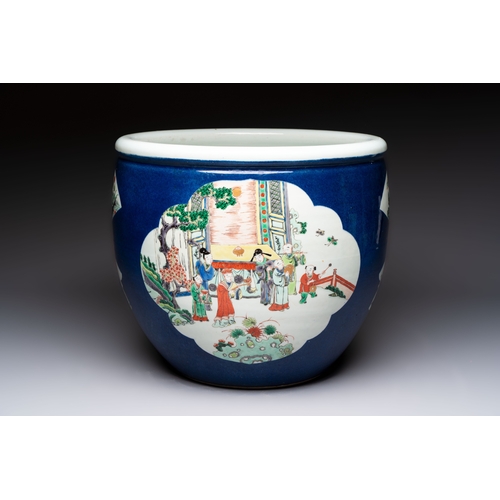 A Chinese famille verte blue-ground fishbowl with narrative design ...