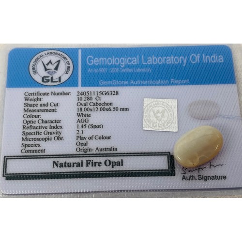 10.28 Ct White Ethiopian Fire Opal Gemstone, Oval Shape, GLI Certified