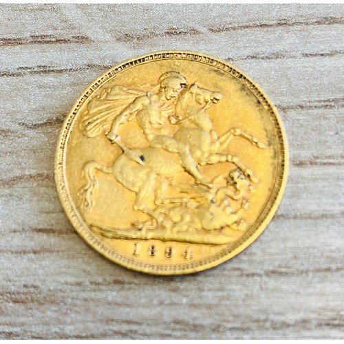 1894 Full Gold Sovereign Coin, Gross Weight 7.94 grams. 22.05mm
