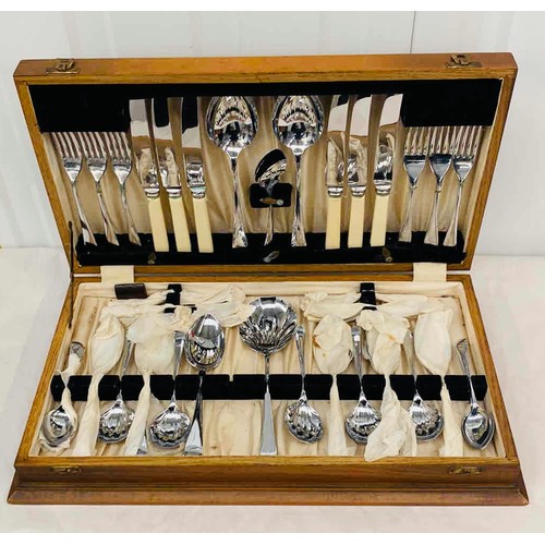 Vintage wooden cutlery box with silver-plated flatware set, including ...