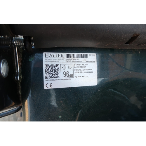 A Hayter Osprey 46 lawnmower, petrol driven, complete with grass box.