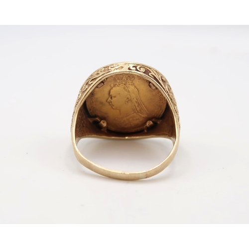 An 1889 Sovereign set in a 9ct gold (hallmarked) ring mount - ring size ...