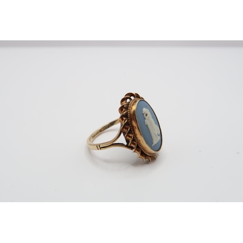 A 9ct Oval Blue Jasperware ring, featuring a rope twist border with ...