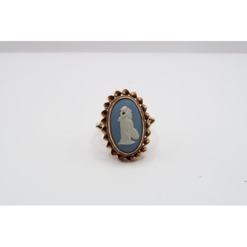 A 9ct Oval Blue Jasperware ring, featuring a rope twist border with ...