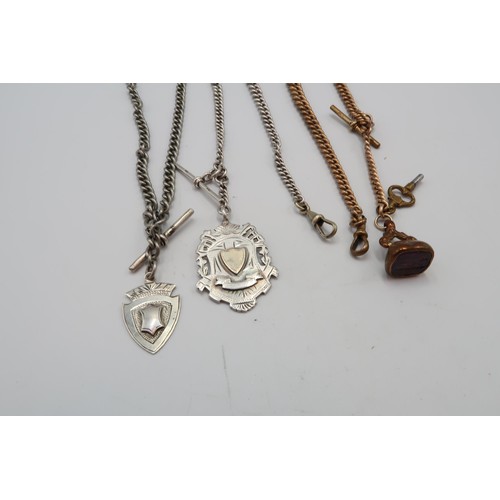 A Group of 2 Silver Albert chains, Two with Shield design fobs. One ...