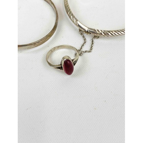 Two silver bangles, ring etc