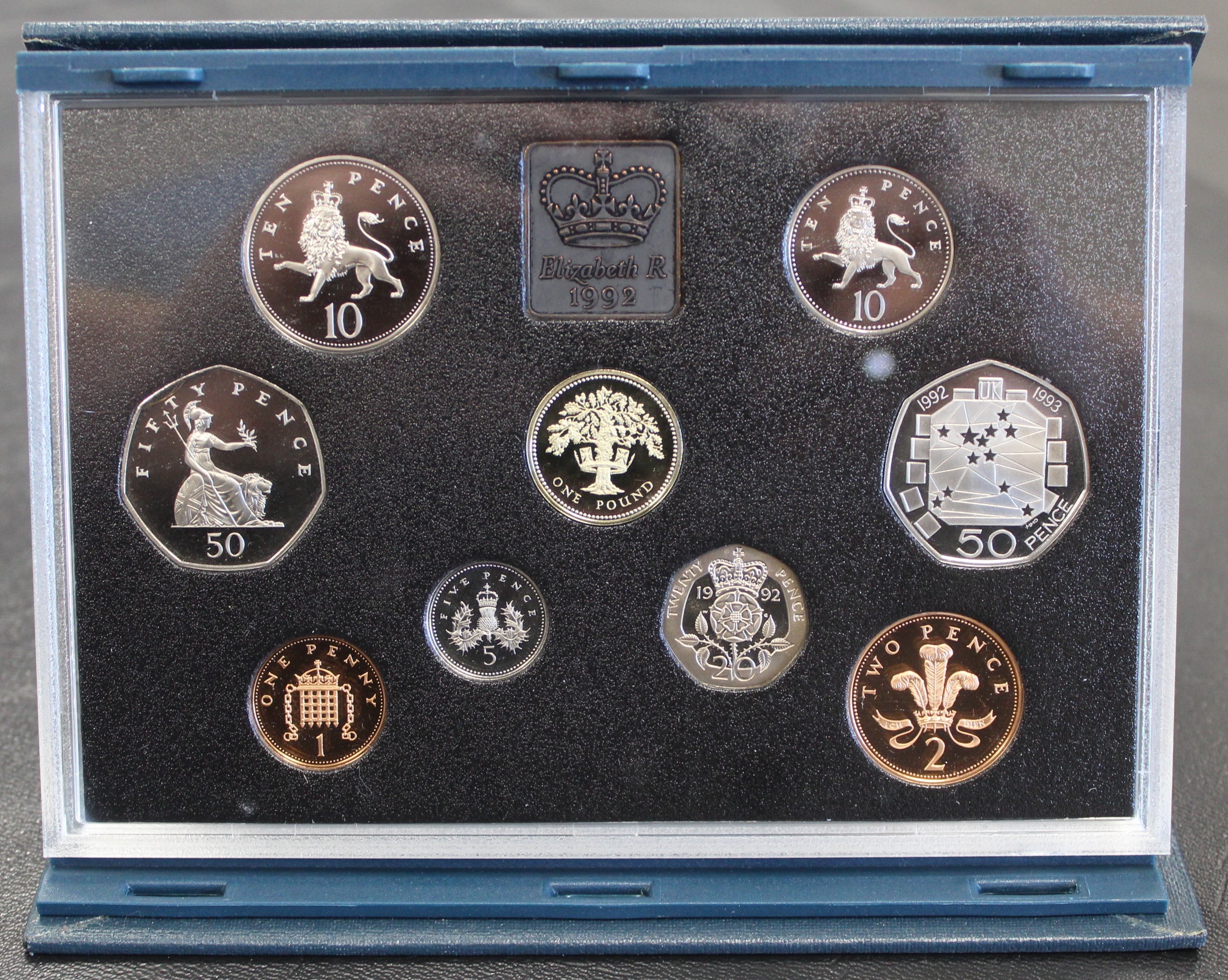 1992 Proof 9-coin year set in blue case with COA. Includes the EEC Dual ...