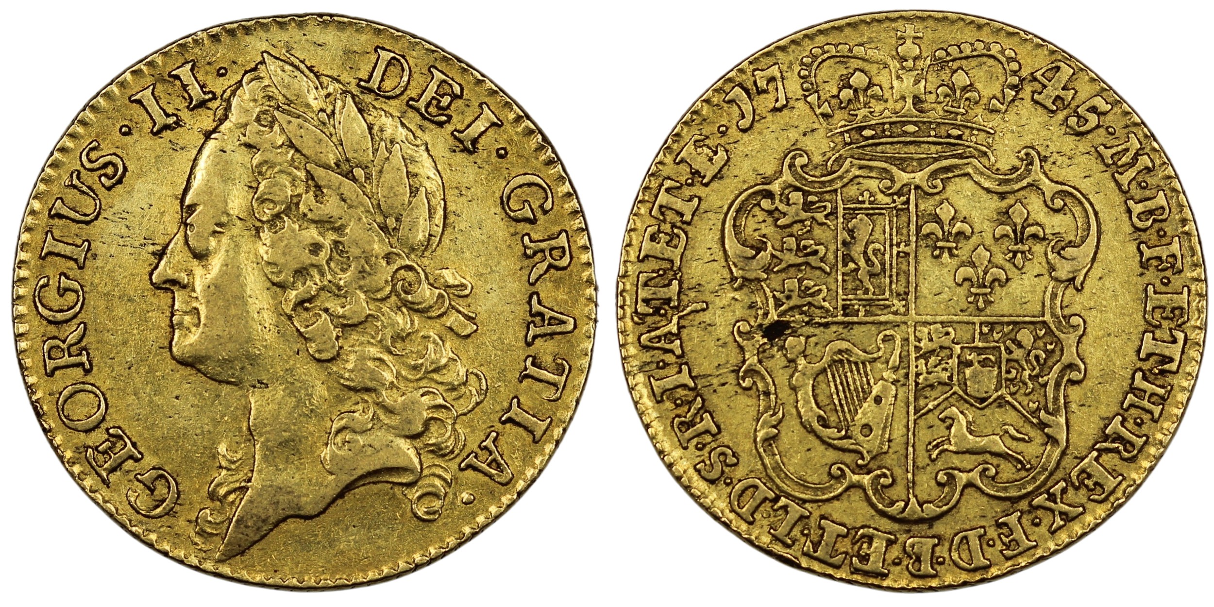 1745 Guinea, George II. Obv. intermediate laureate bust, legend reading ...