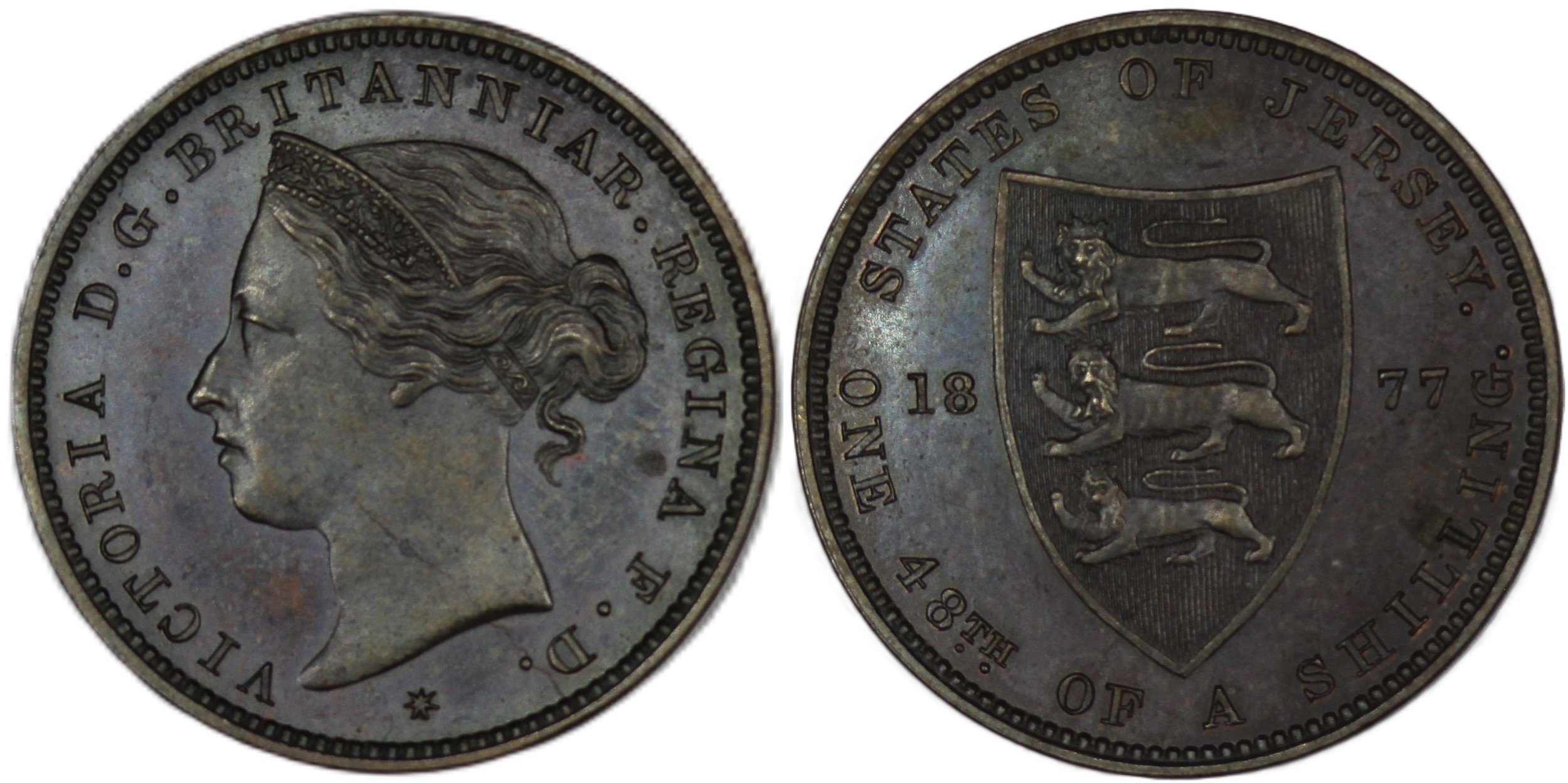 Jersey, 1877 Proof one 48th of a shilling, Victoria. O. young coronet ...