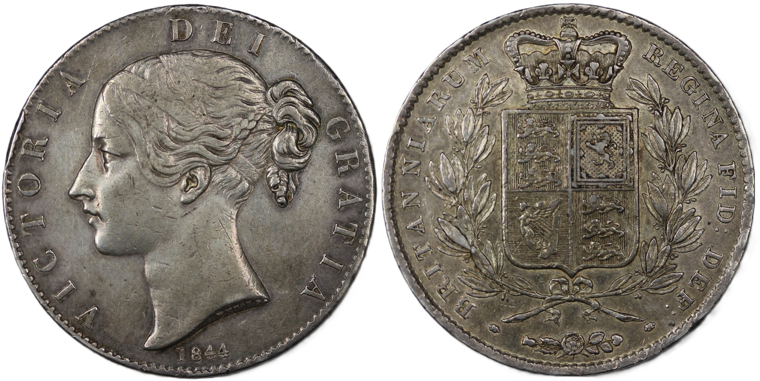 1844 Crown, Victoria. Edge VIII, star stops. O. young bust, date below ...