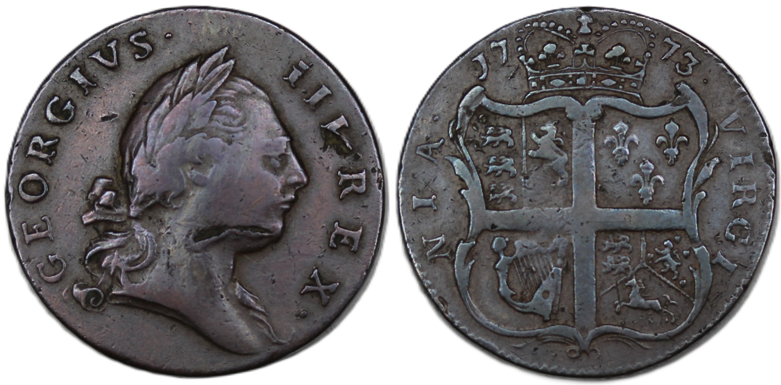 USA, 1773 Virginia half-penny, George III. O. bust of the king, right ...