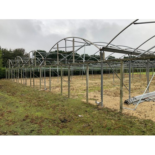 A 5 span galvanised pole and timber polytunnel with drainage guttering ...