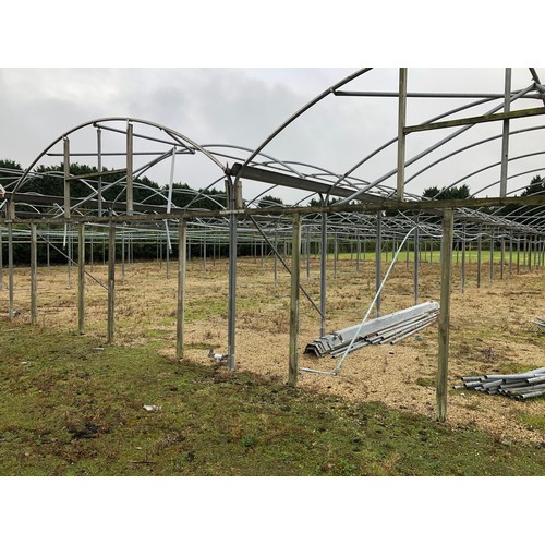 A 5 span galvanised pole and timber polytunnel with drainage guttering ...