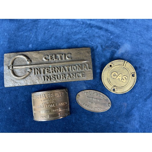 Four metal plaques for Celtic International Insurance, duplex patent No ...
