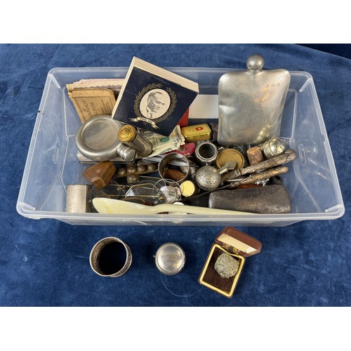 A quantity of items of interest including; a hip flask, snapshot album of Ilkley, magic pocket savin