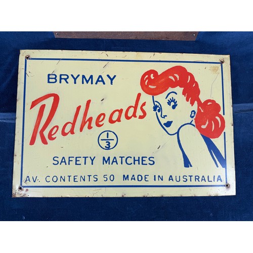 Two metal advertising signs for 'Brymay Redheads safety matches' and ...