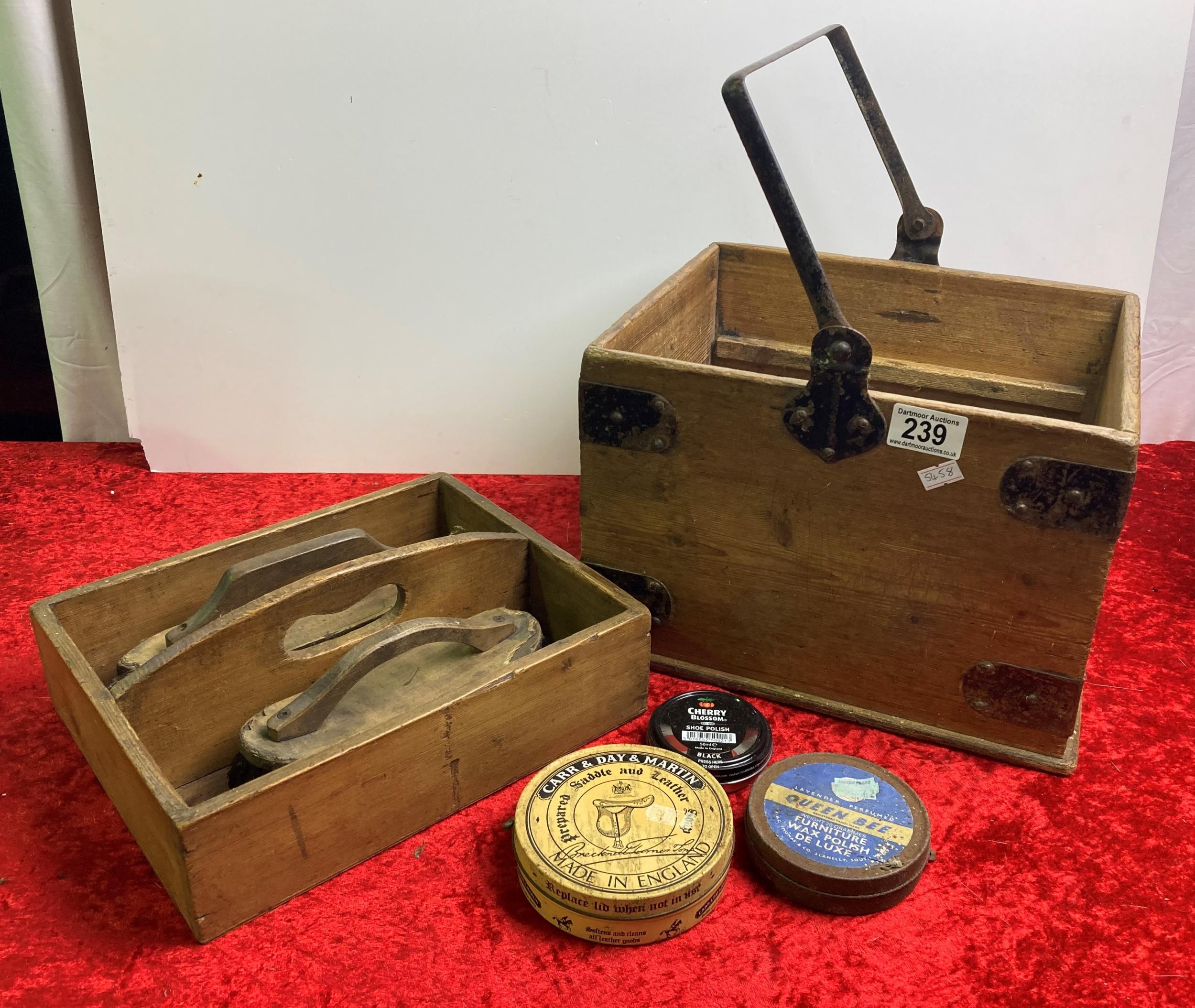 Vintage wooden shoe polish box with lift-out drawer and iron fittings