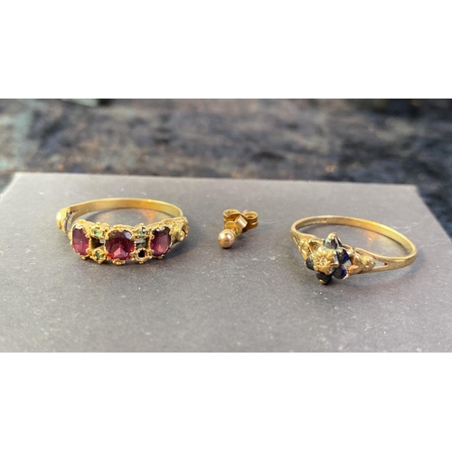 Two 9ct gold rings with gemstones, one ring is split, both have missing ...