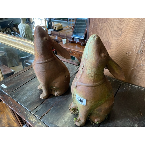 Lovely pair of heavy cast iron garden sculpture rabbits 30 cm tall