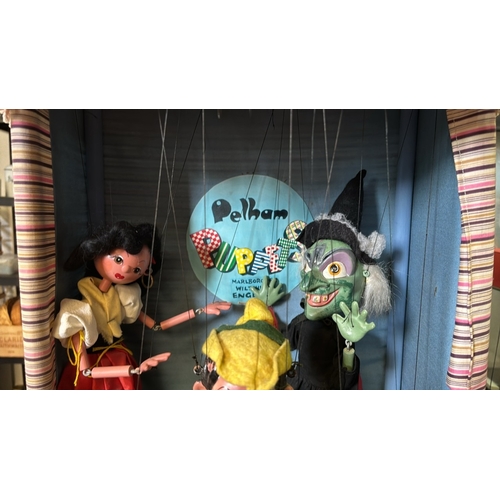 Vintage 1960s Pelham Puppet moving automaton shop display with Gypsy Girl, Wicked Witch, Pinocchio a