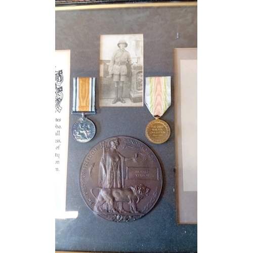 Framed WW1 death plaque and medals, of private Richard Verrion Sussex ...