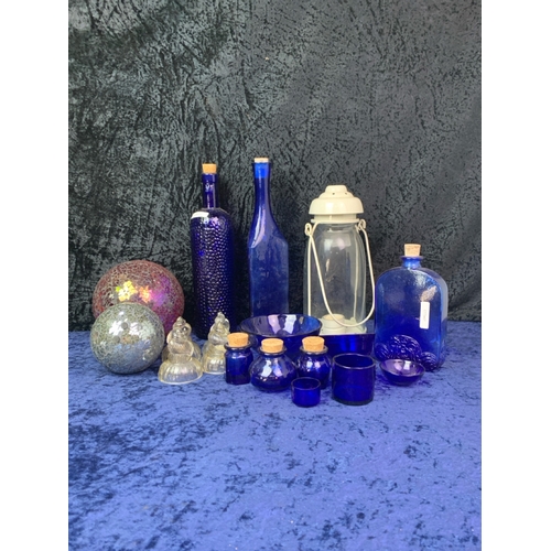 A collection of pretty, glittery glass items inc baubles and bottles