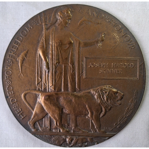 WW1 Death penny plaque, Joseph Harold Skinner, Sapper, Z coy, Royal ...
