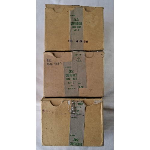 3 British military .303 cardboard ammunition boxes for Mk7 cartridges.