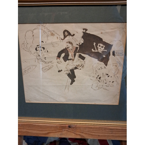 Pair WW1 Framed drawings, the Kaiser staring at a sea of bayonets ...