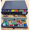 Vintage 3 drawer plywood Sylko cotton reel drawers with sewing reels.