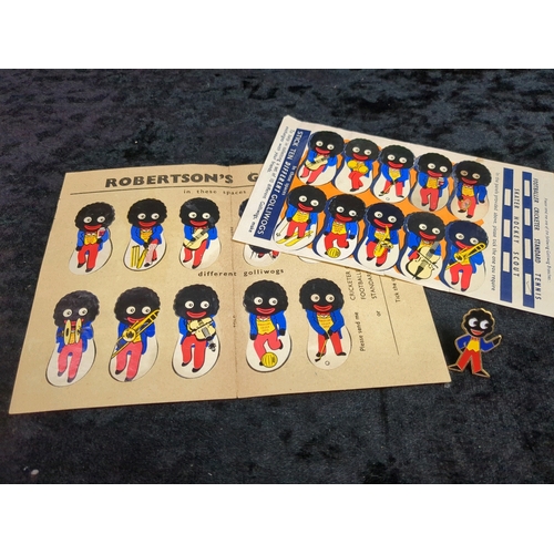 Golly collectibles, two stickered sheets, all full and an enamel golly pin.