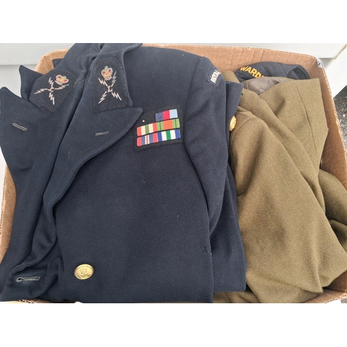 Box, RNR uniform, army no 2s, assorted items